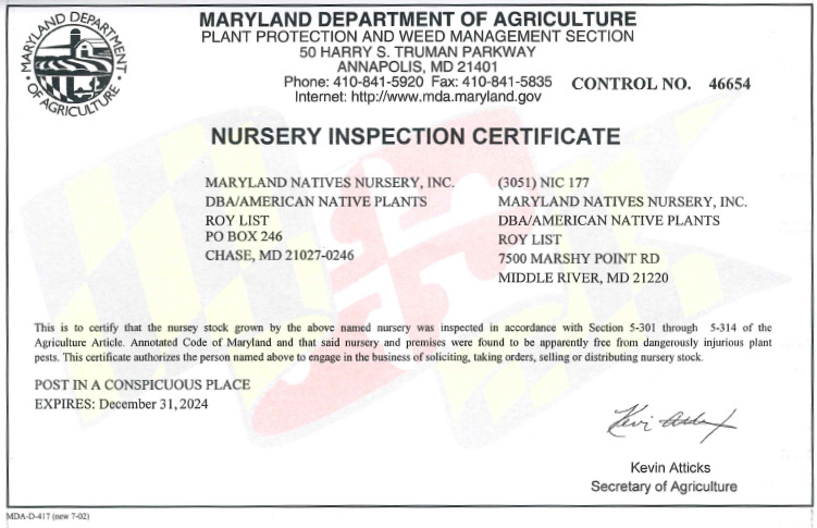 Nursery Certificate - American Native Plants